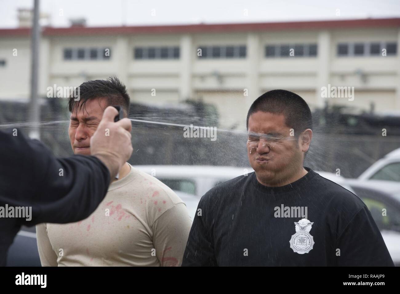 A U.S. Airmen and a Japanese Security Guard are sprayed with Oleoresin ...