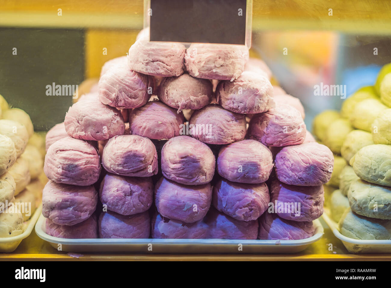 Chinese steamed purple buns with sweet potatoes in the shop window ...