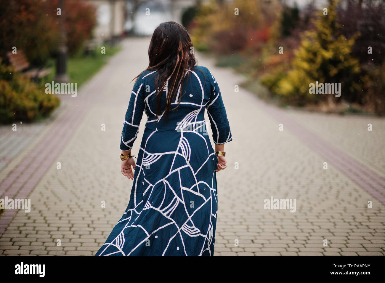 Back of brunette indian woman in long fashionable dress posed outdoor ...