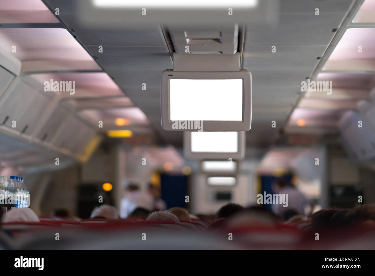 Passenger in a airplane cabin during a flight viewed from the rear with ...
