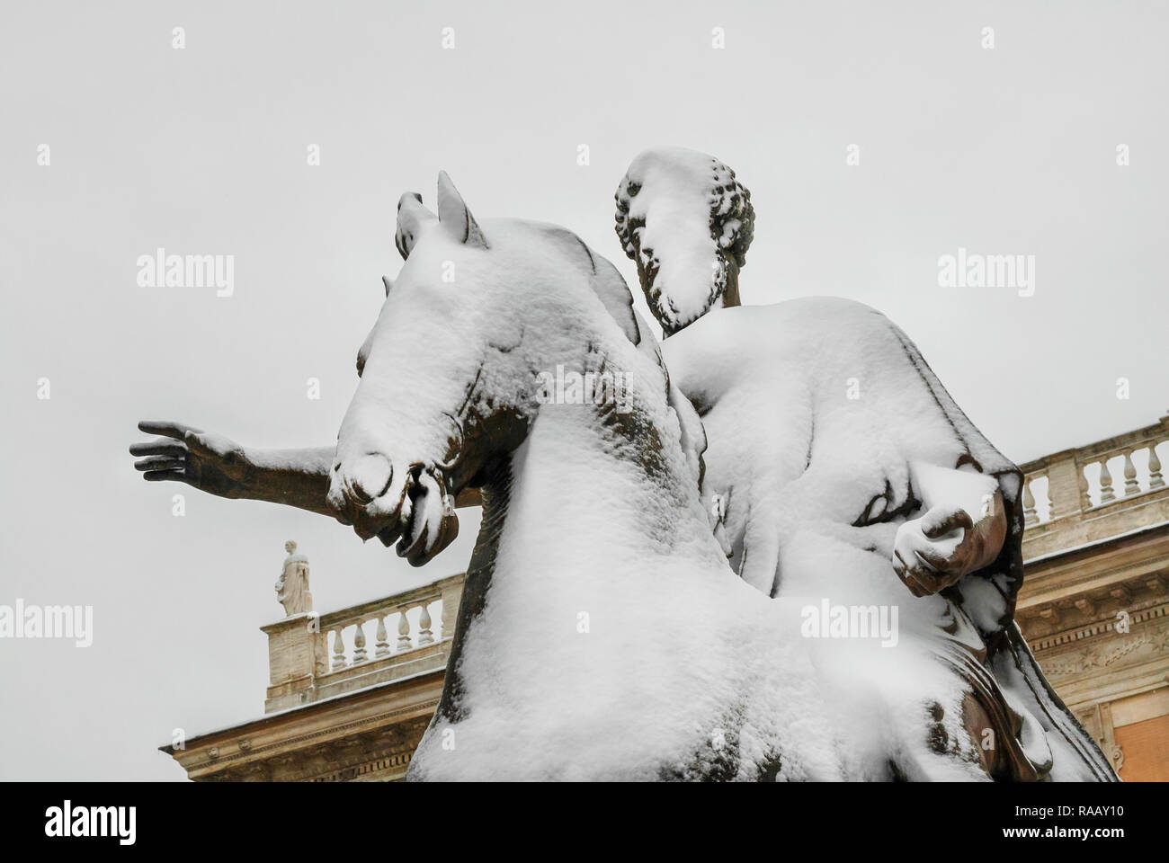 Frozen roman emperor. Marcus Aurelius bronze statue on Capitoline Hill ...