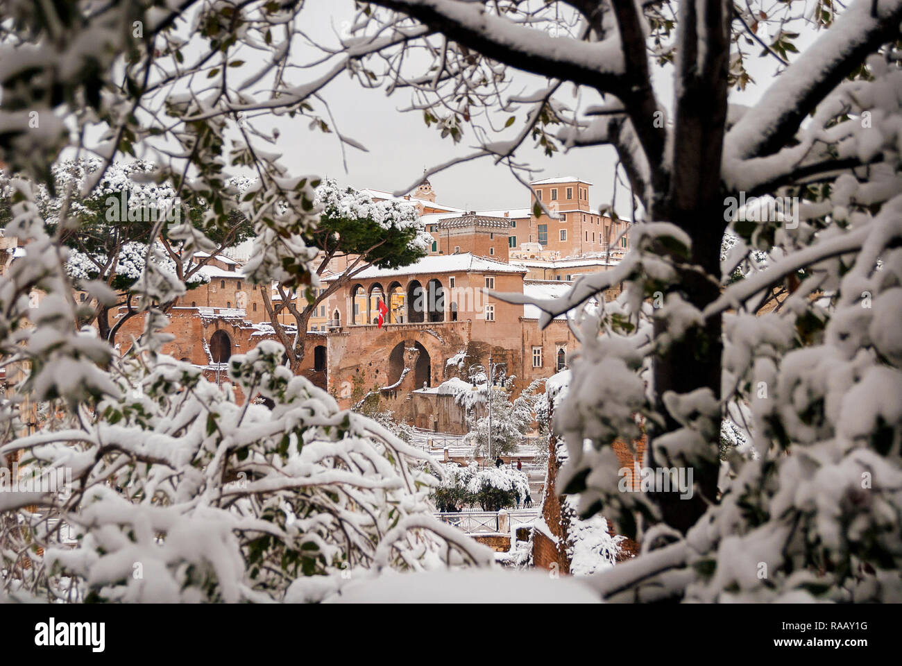 Frozen Rome. View of Trajan's Forum and Imperial Fora Avenue ancient ...
