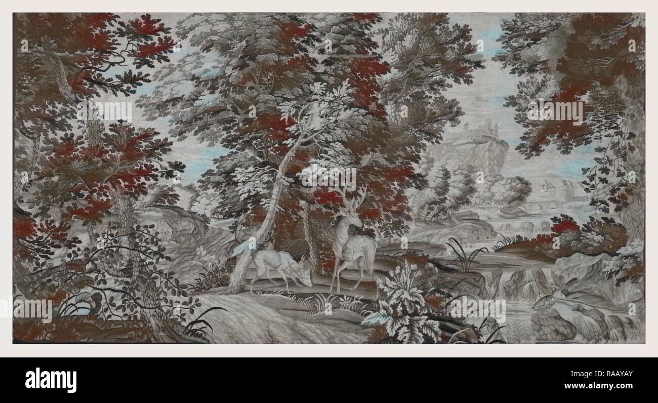 River landscape with boar and sta. Reimagined by Gibon. Classic art ...