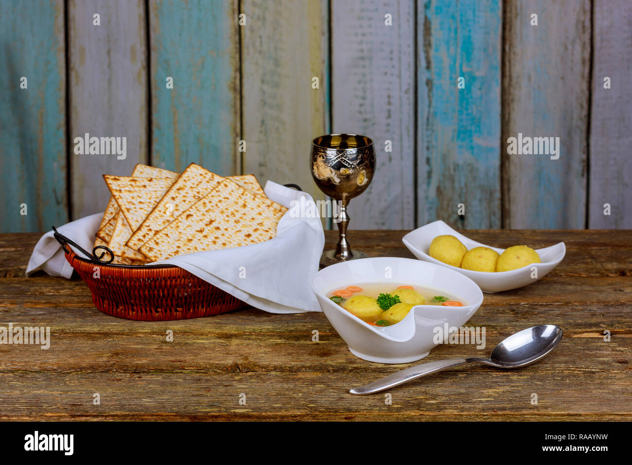 Delicious Matzoh ball soup with Pesach Passover symbols Stock Photo - Alamy