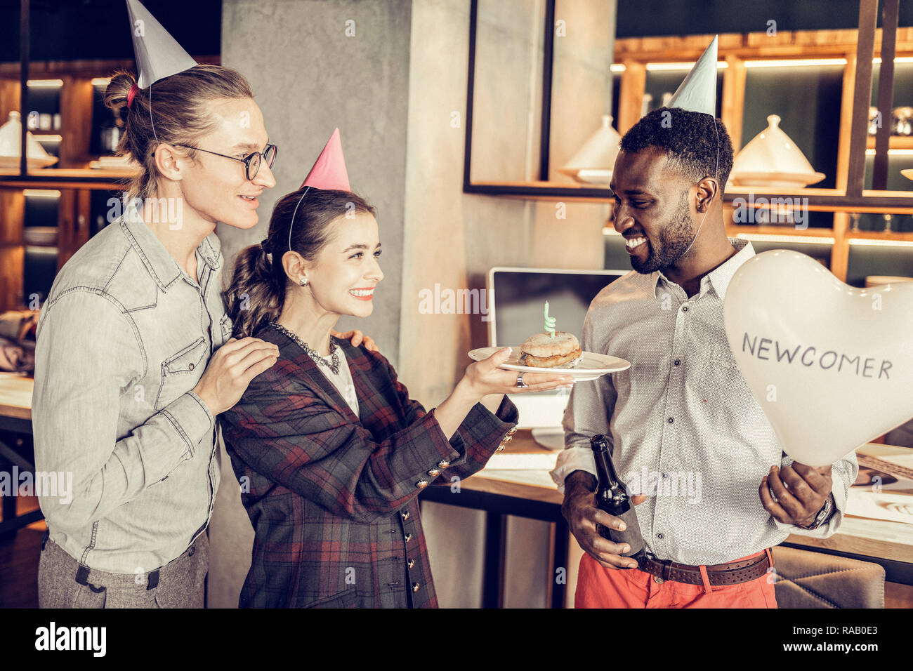 Amazing brunette female person welcoming new friend Stock Photo - Alamy