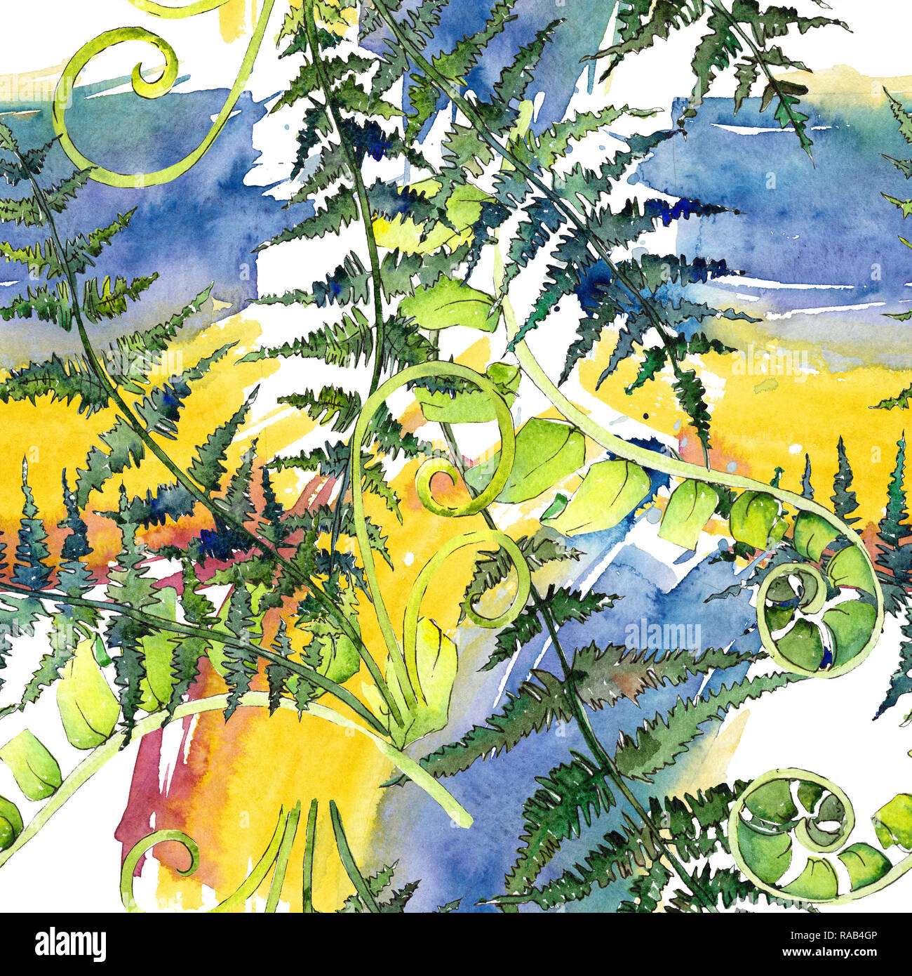Fern green leaf. Watercolor background illustration set. Seamless ...