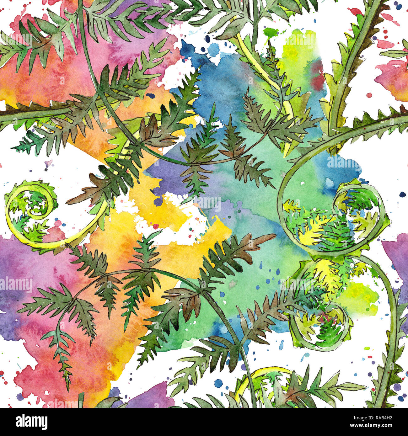 Fern green leaf. Watercolor background illustration set. Seamless ...