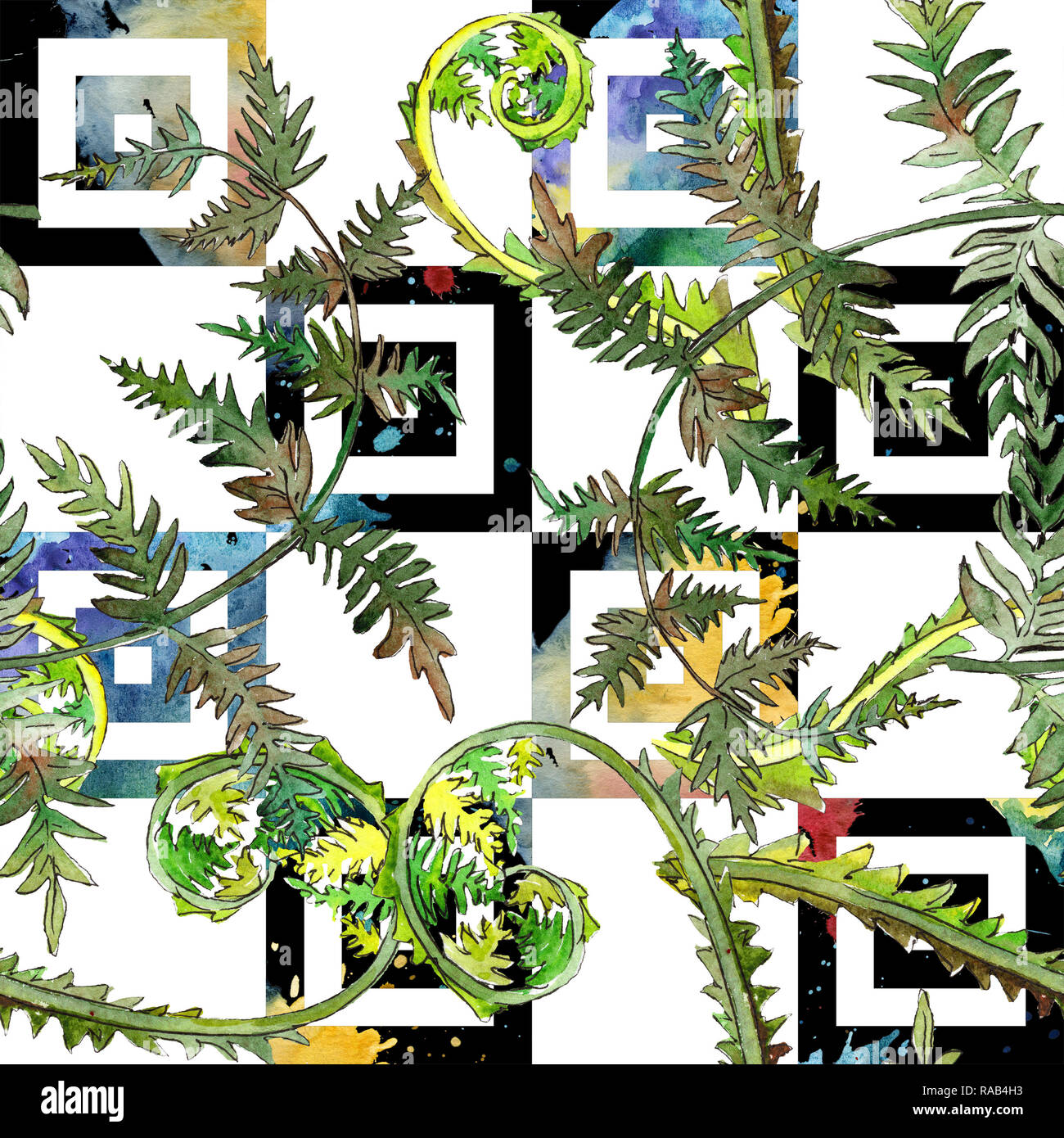 Fern green leaf. Watercolor background illustration set. Seamless ...