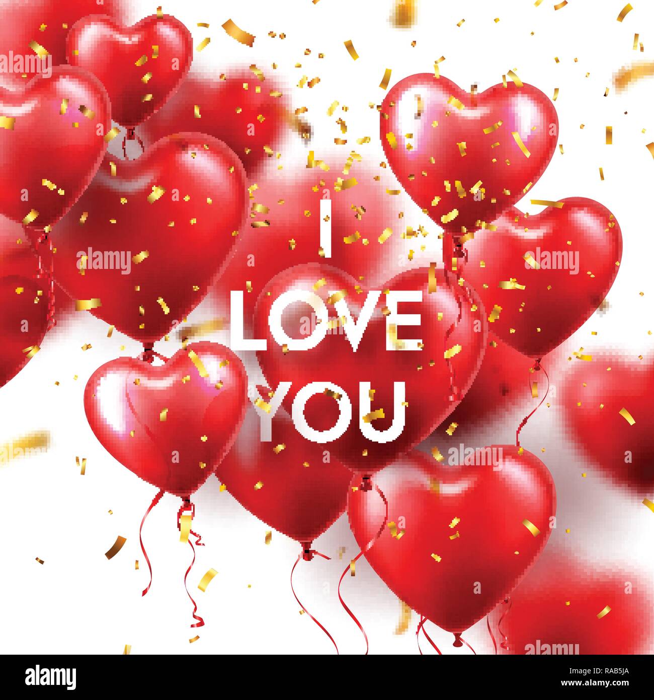 Valentines Day Background With Red Heart Balloons And Golden Confetti ...