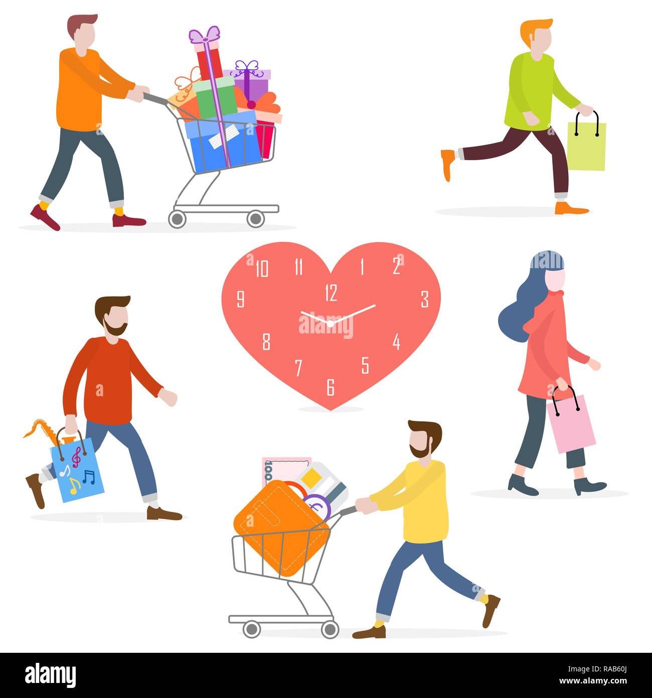 Vector illustration with people go shopping, carry shopping. Big sale ...