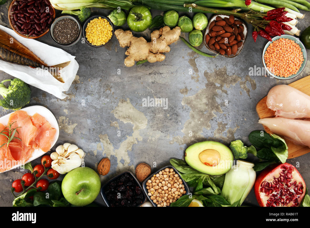 Healthy food clean eating selection. fruit, vegetable, seeds, superfood ...