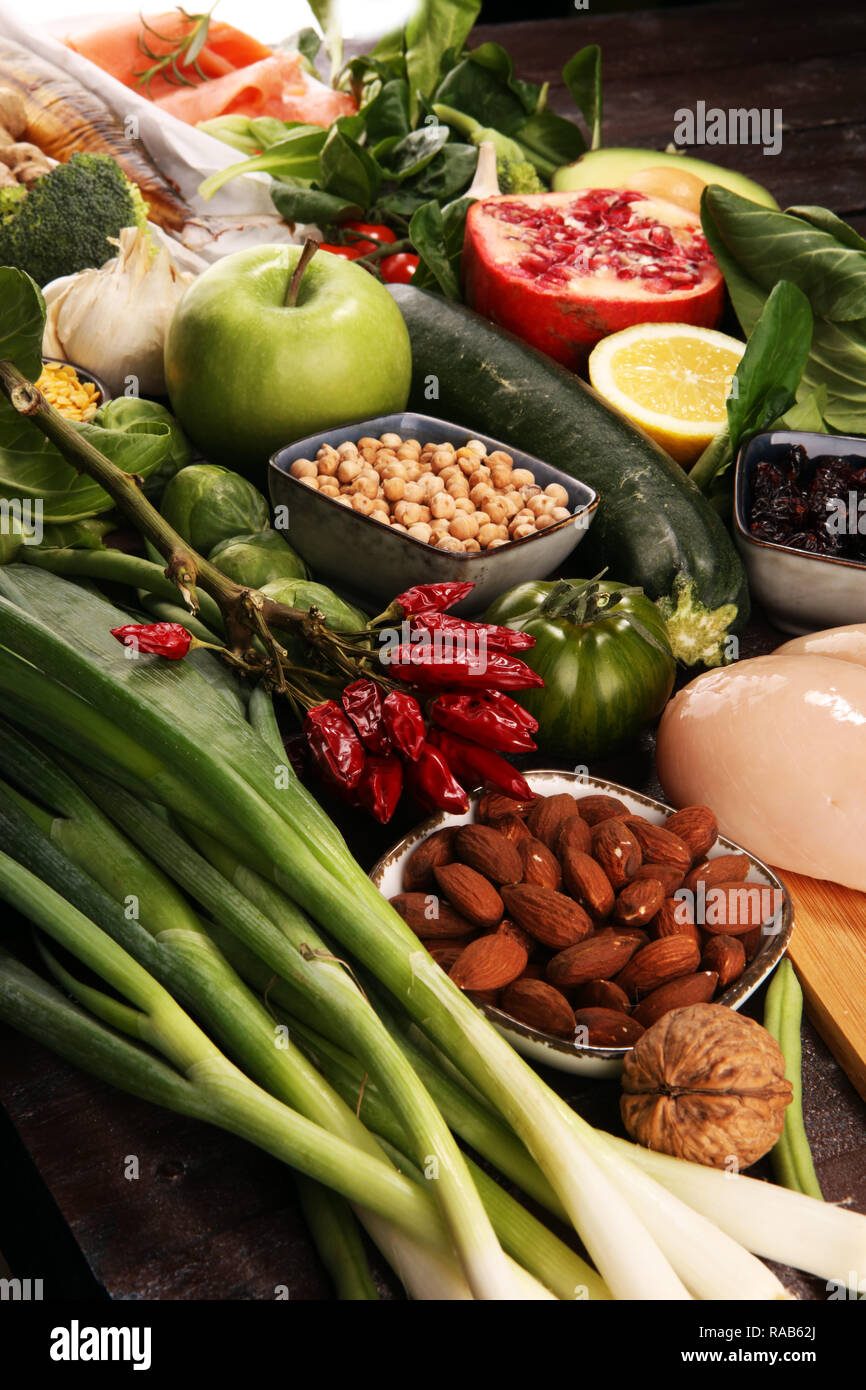 Healthy food clean eating selection. fruit, vegetable, seeds, superfood ...