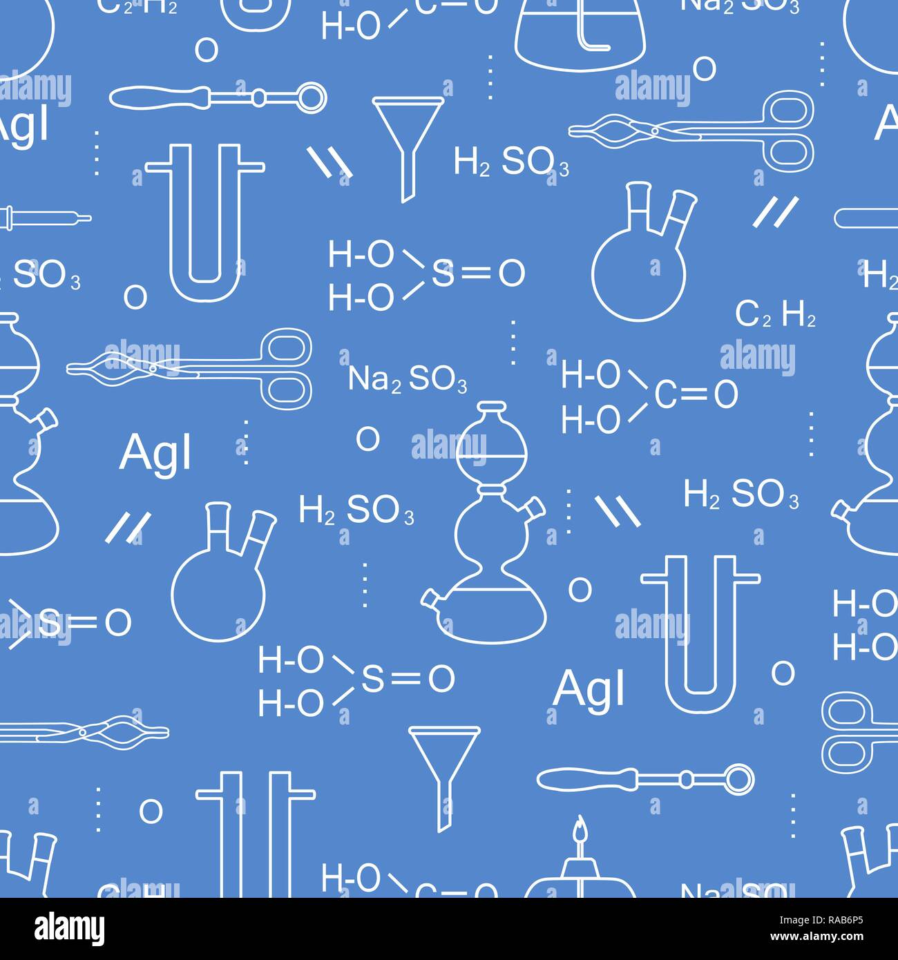 Scientific vector seamless pattern with flasks, burners, funnels, tools ...
