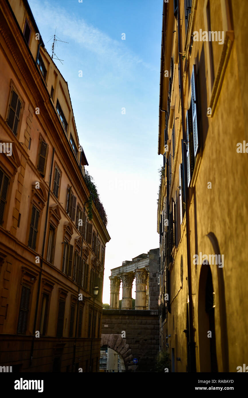 Close-up view of old Roman buildings with ancient Roman ruins in the ...