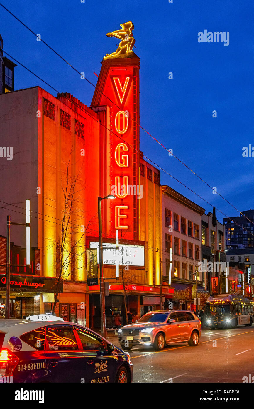 Vogue Theatre neon sign at night, , Granville Street, downtown ...