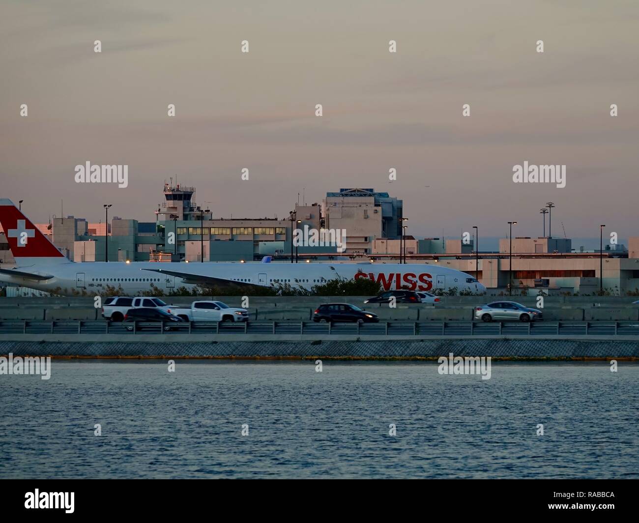 Taxiing Swiss Air jumbo jet HB-JNI (Boeing 777-300), at Miami ...