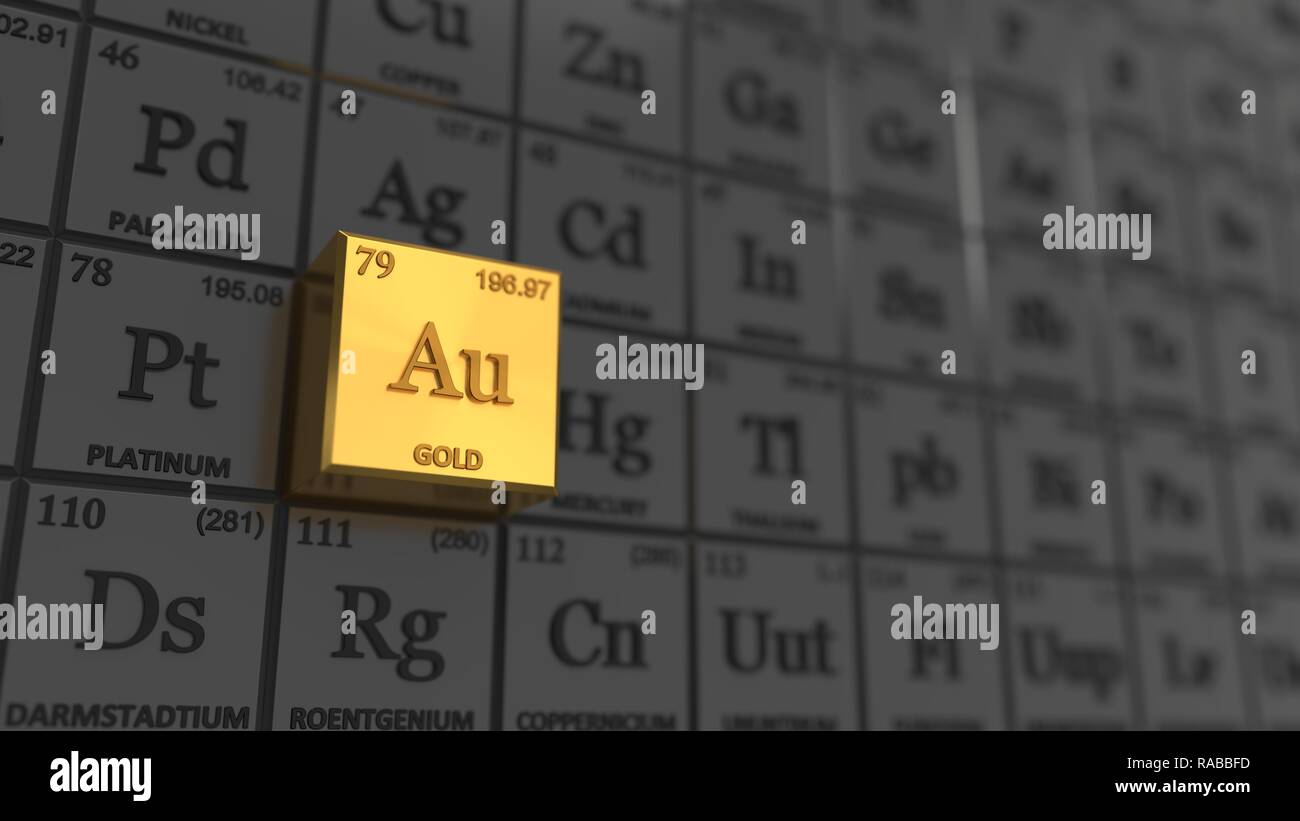 periodic table concept with black cubes. gold element selected. 3d ...
