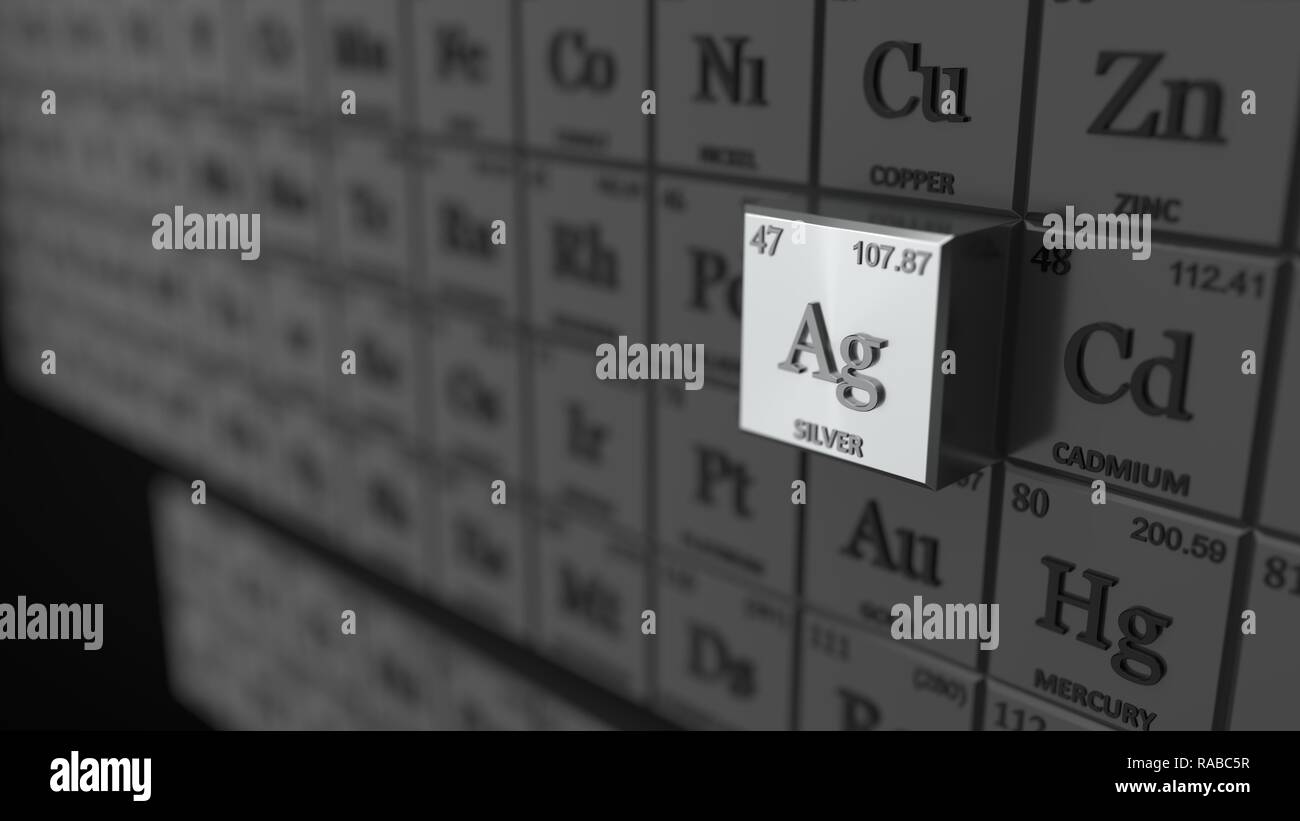 periodic table concept with cubes. silver element selected. 3d ...