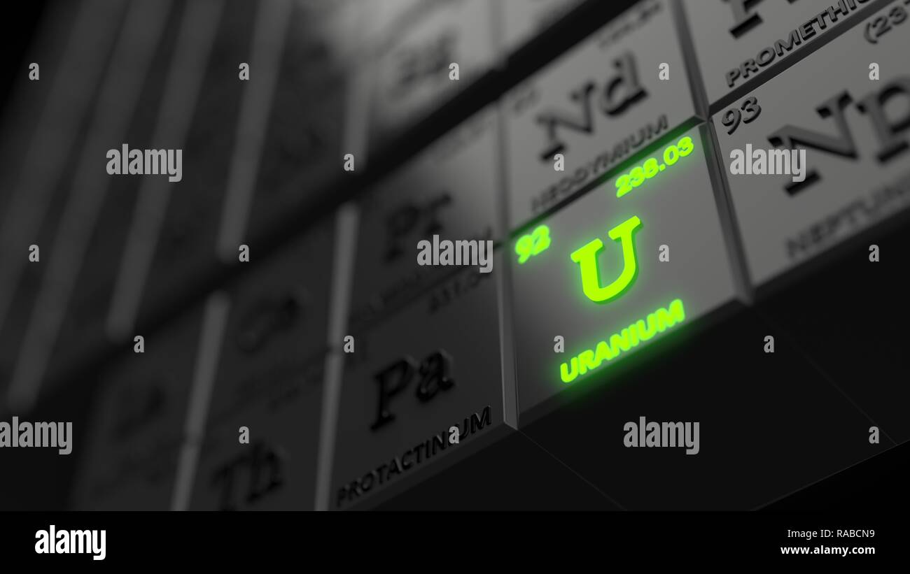 periodic table concept with black cubes. uranium element is glowing. 3d ...