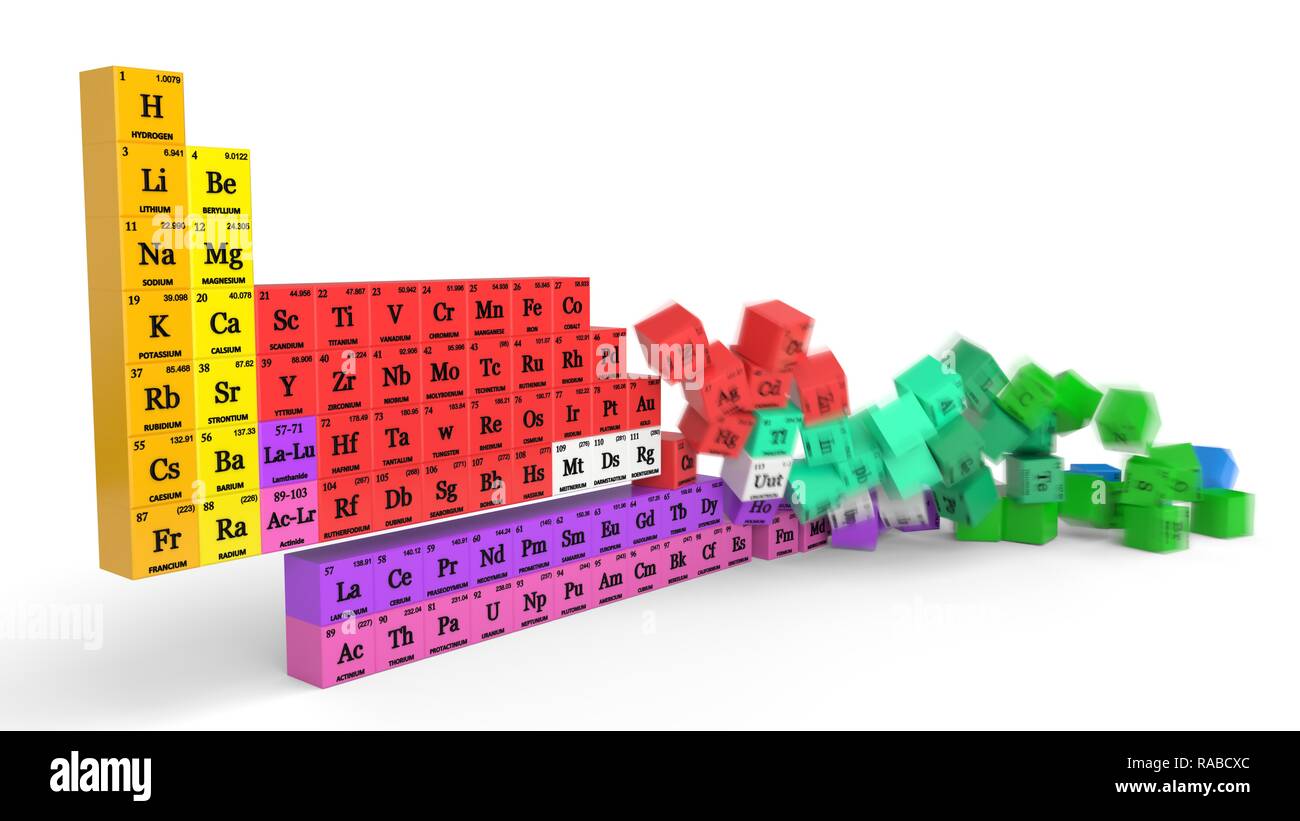 periodic table concept with falling cubes. 3d illustration with motion ...