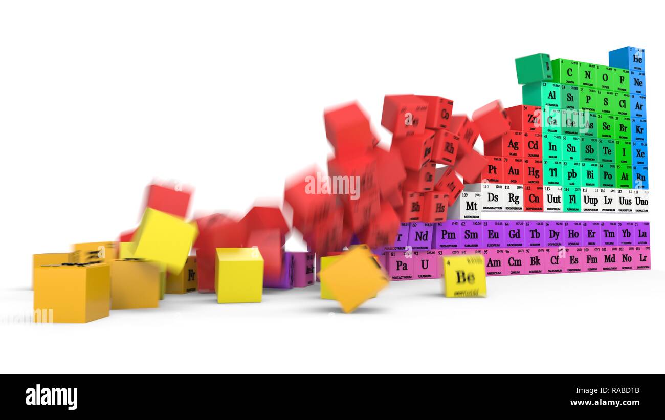 periodic table concept with falling cubes. 3d illustration with motion ...
