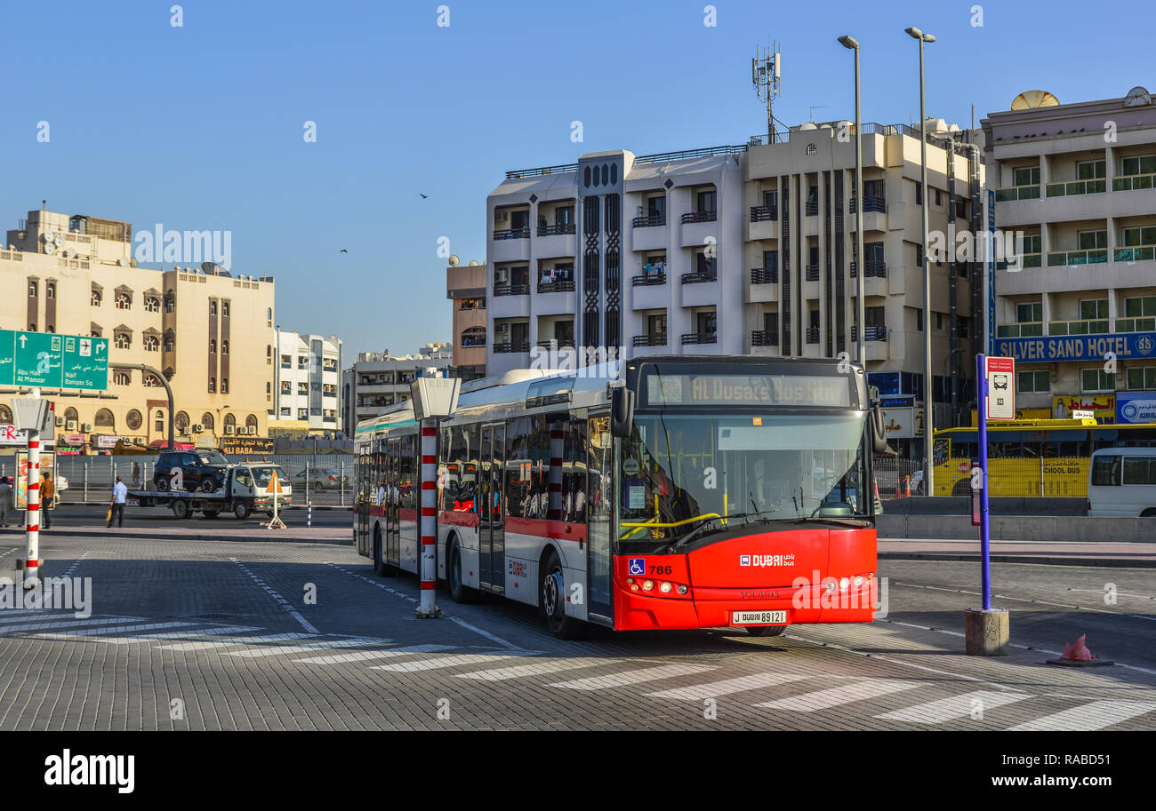 Dubai, UAE - Dec 9, 2018. A local bus on street in Dubai, UAE. Local ...