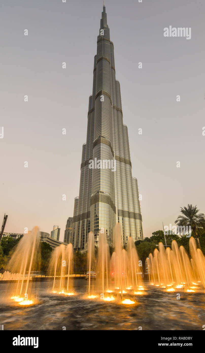 Dubai, UAE - Dec 10, 2018. View of Burj Khalifa at night in Dubai. The ...