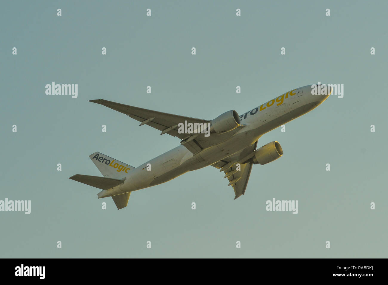 Dubai, UAE - Dec 9, 2018. A Boeing 777F airplane of AeroLogic taking ...