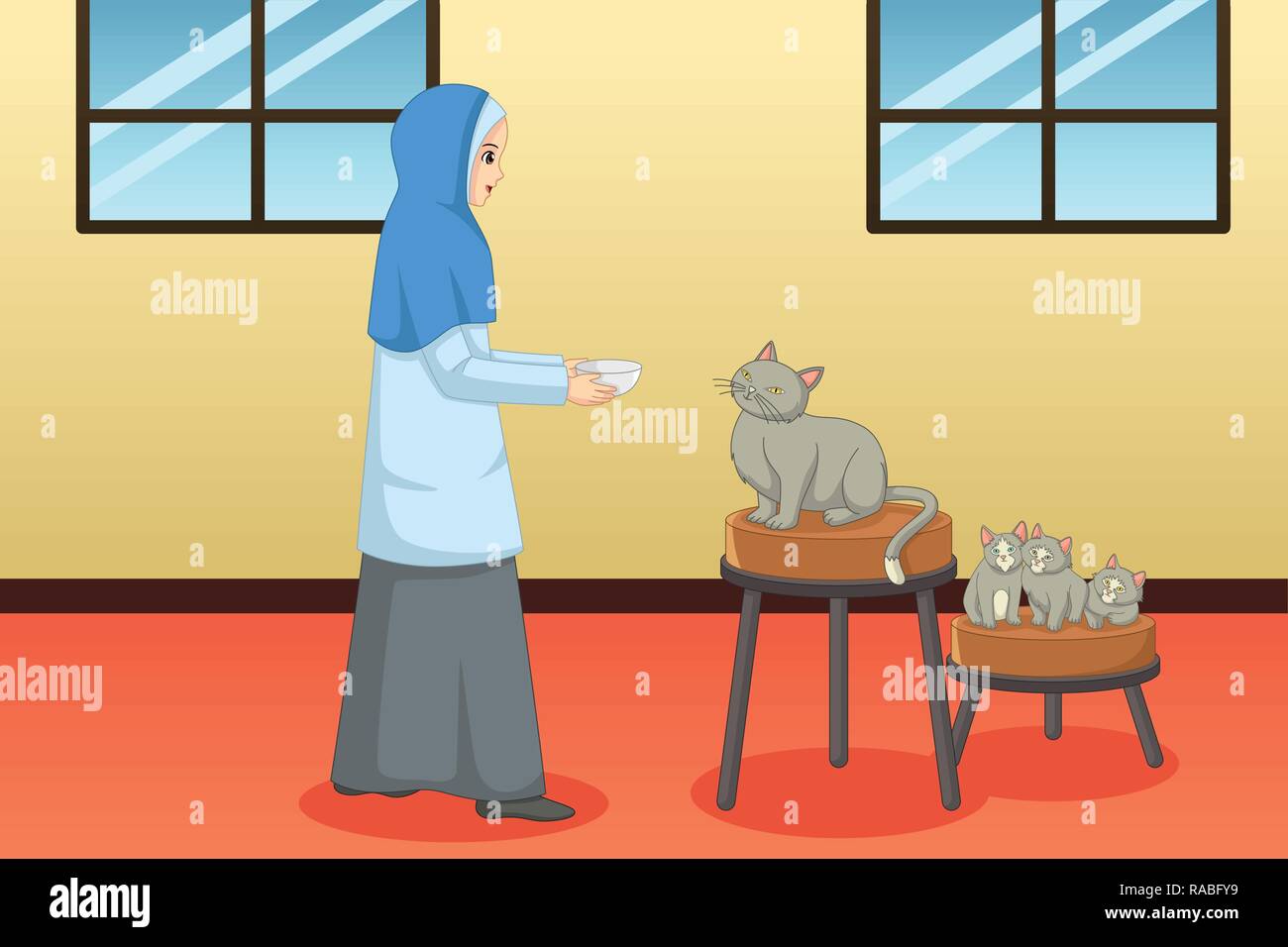A vector illustration of Muslim Woman Feeding Cat and Kitten at Home ...