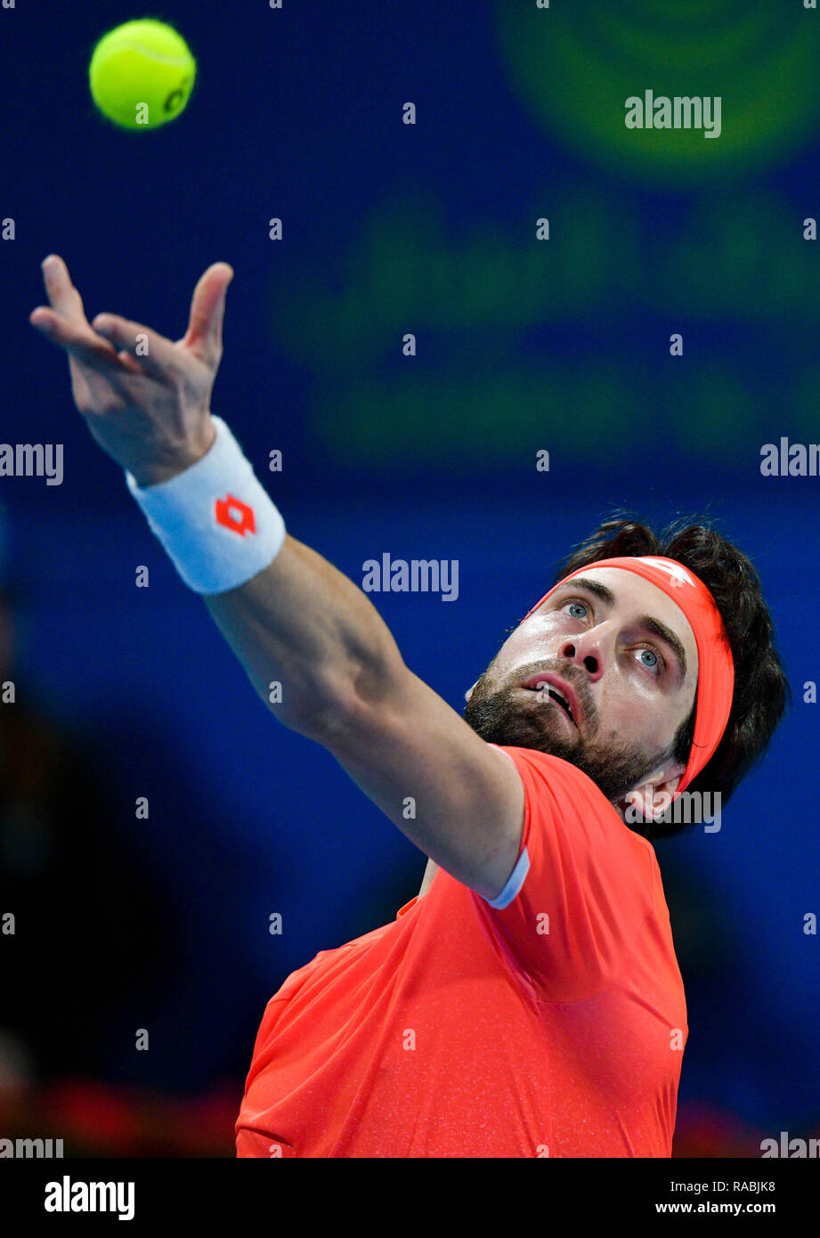 Doha, Qatar. 2nd Jan, 2019. Nikoloz Basilashvili of Georgia serves during the singles second ...