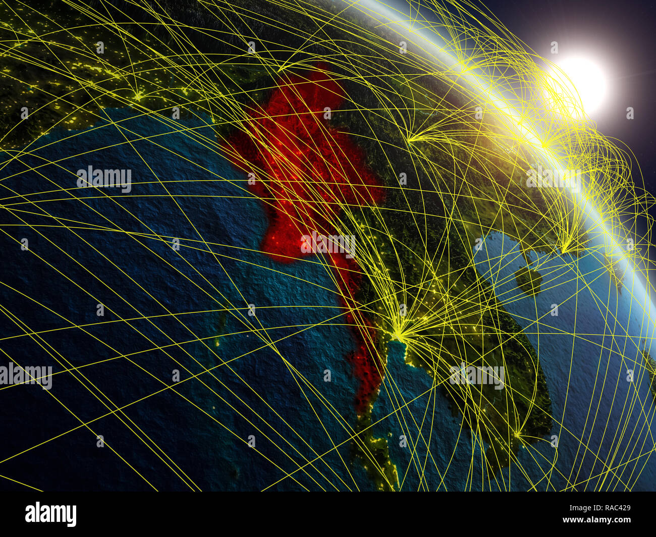 Myanmar From Space On Realistic Model Of Planet Earth With Network Concept Of Digital