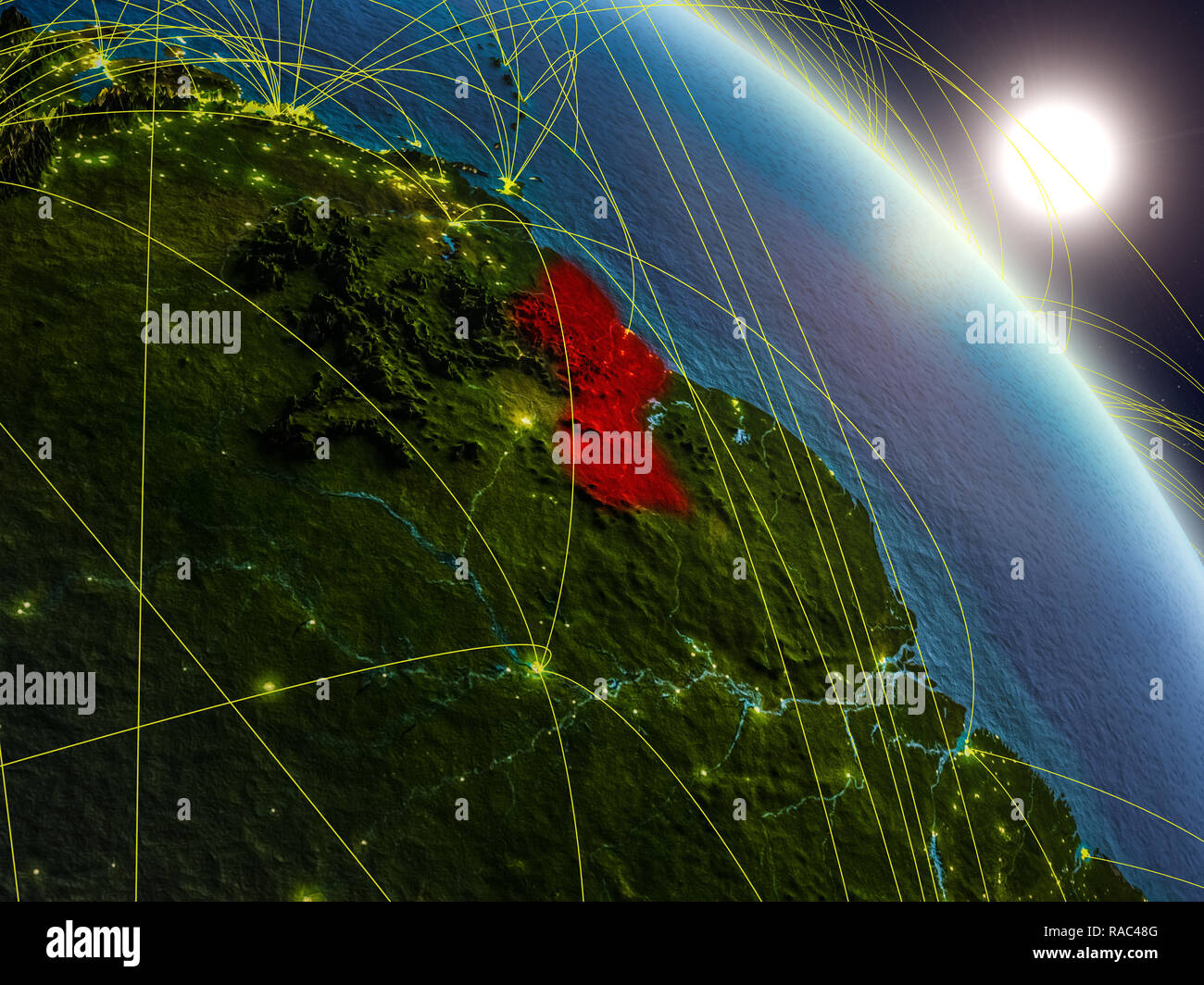Guyana from space on realistic model of planet Earth with network ...