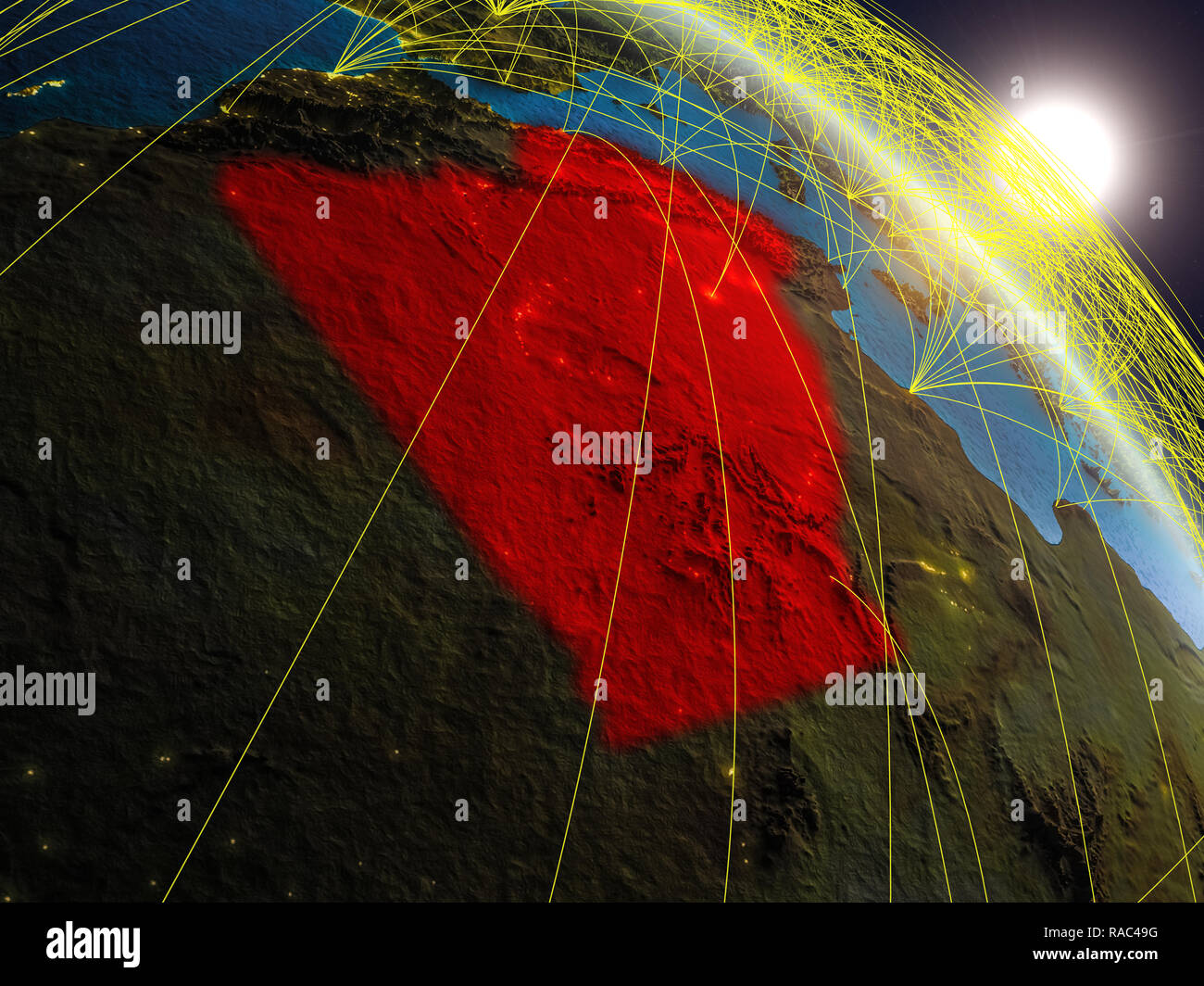 Algeria from space on realistic model of planet Earth with network. Concept of digital ...
