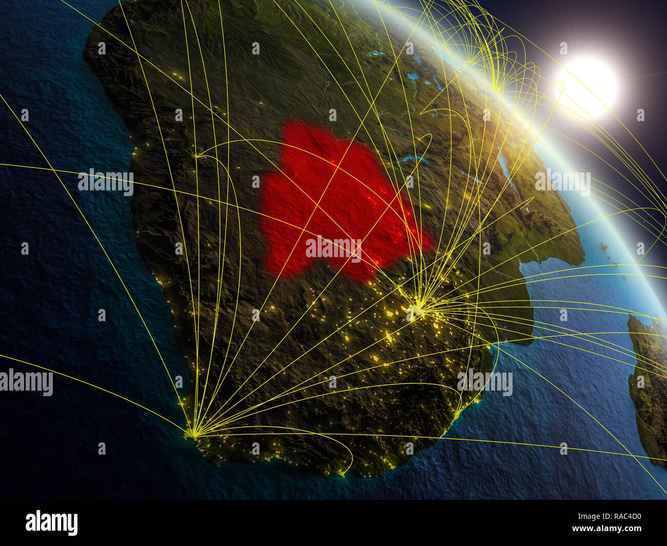 Botswana from space on realistic model of planet Earth with network ...