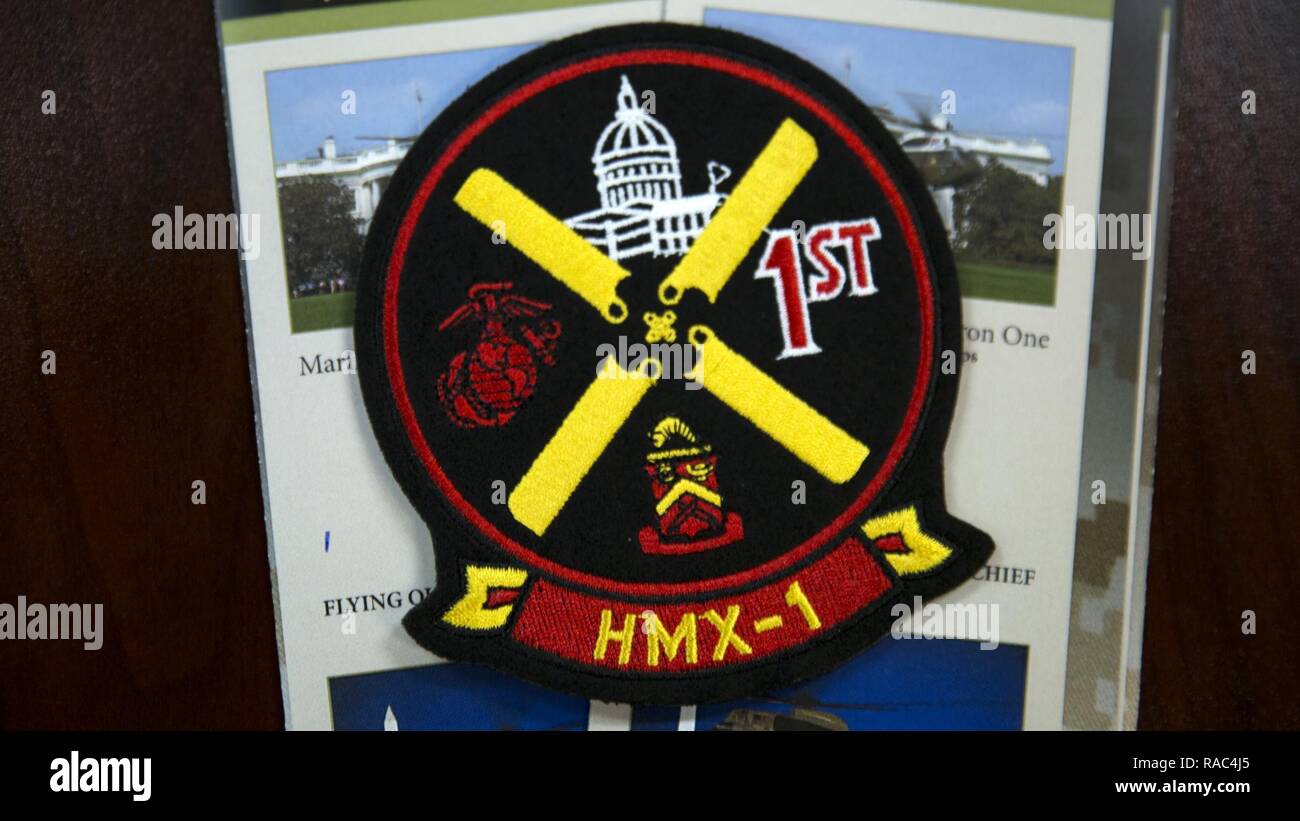 A unit patch for Marine Helicopter Squadron One sits on a table Jan. 10 ...