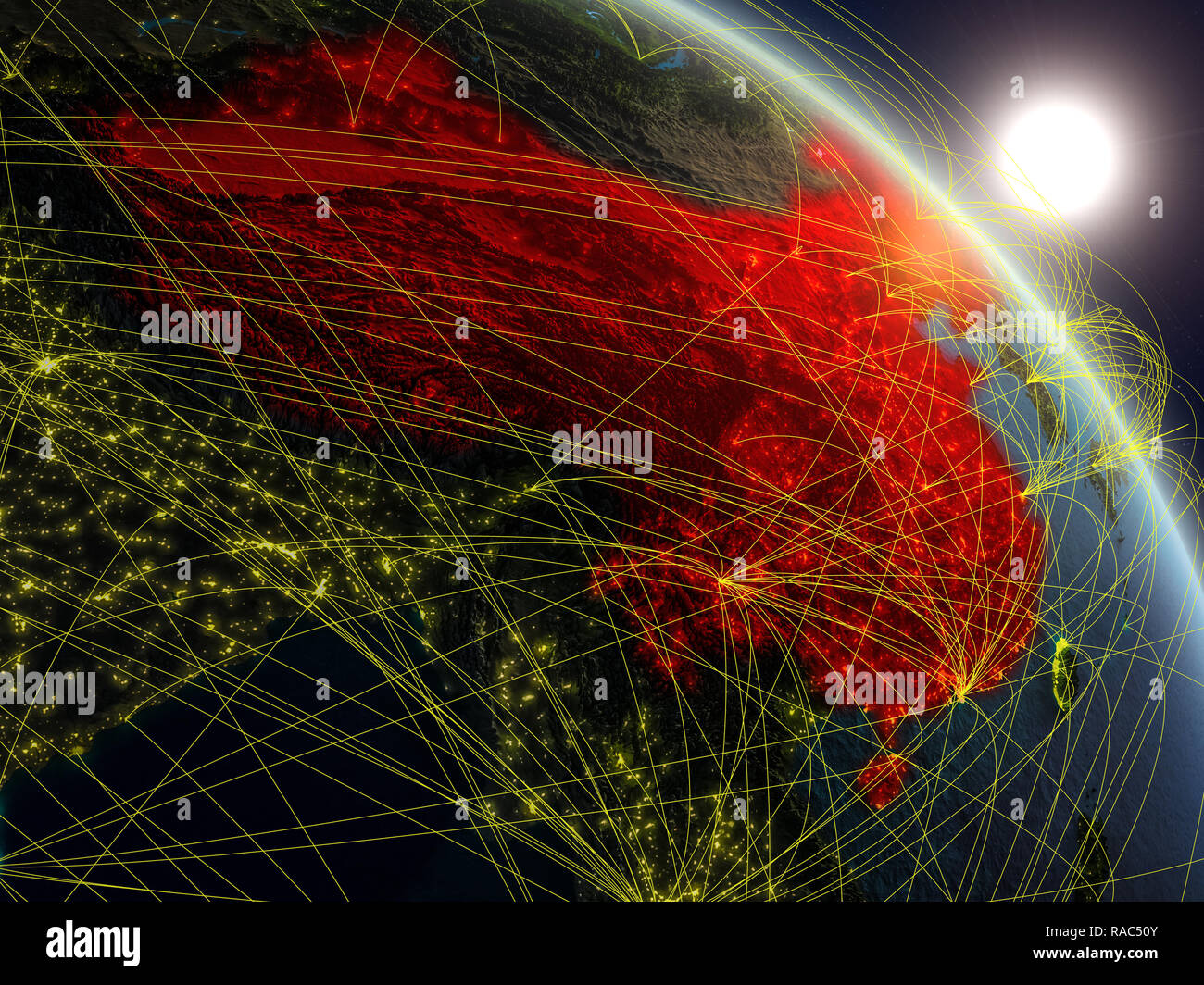 China from space on realistic model of planet Earth with network ...