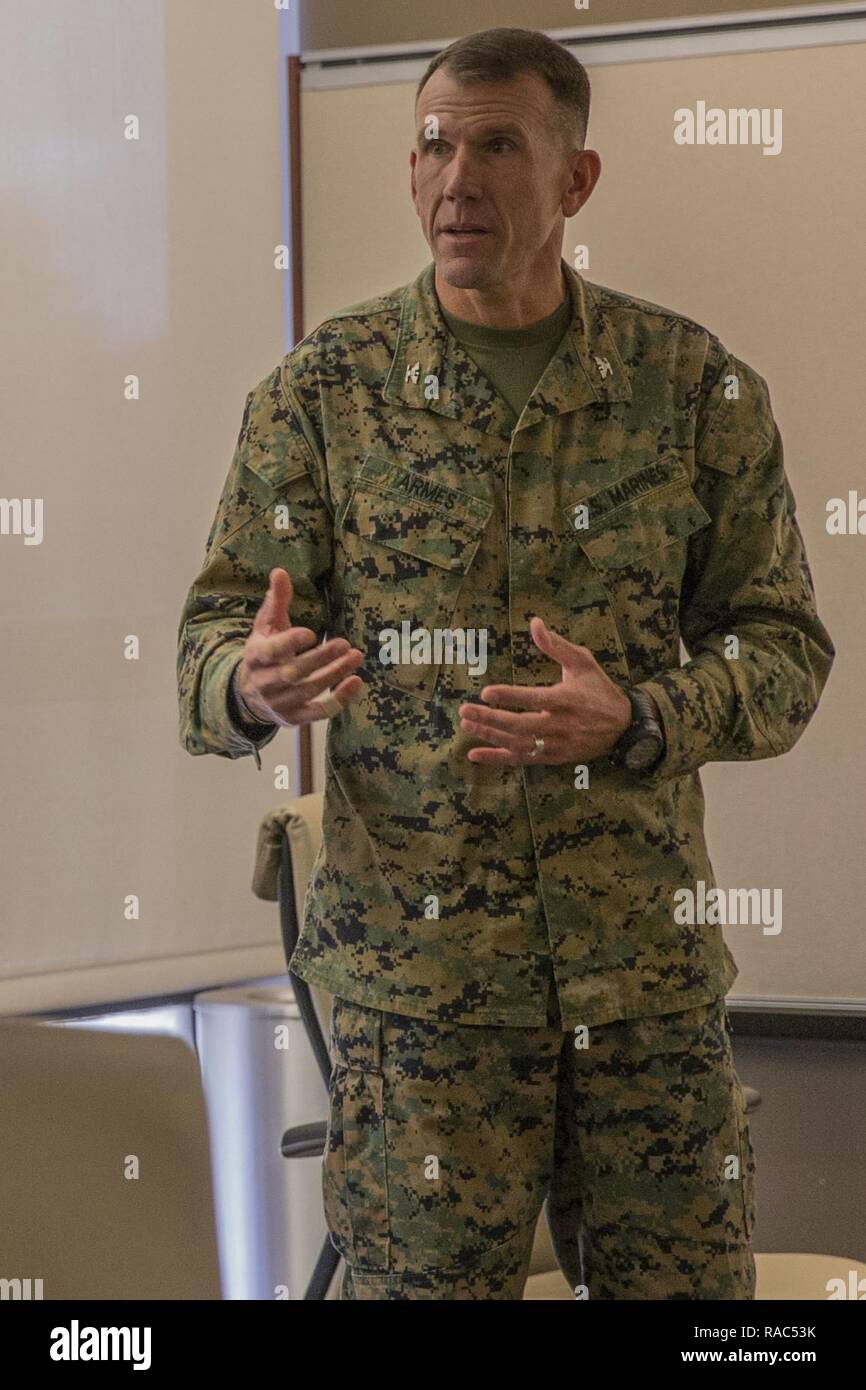 U.S. Marine Corps Col. Stephen P. Armes addresses the audience during ...
