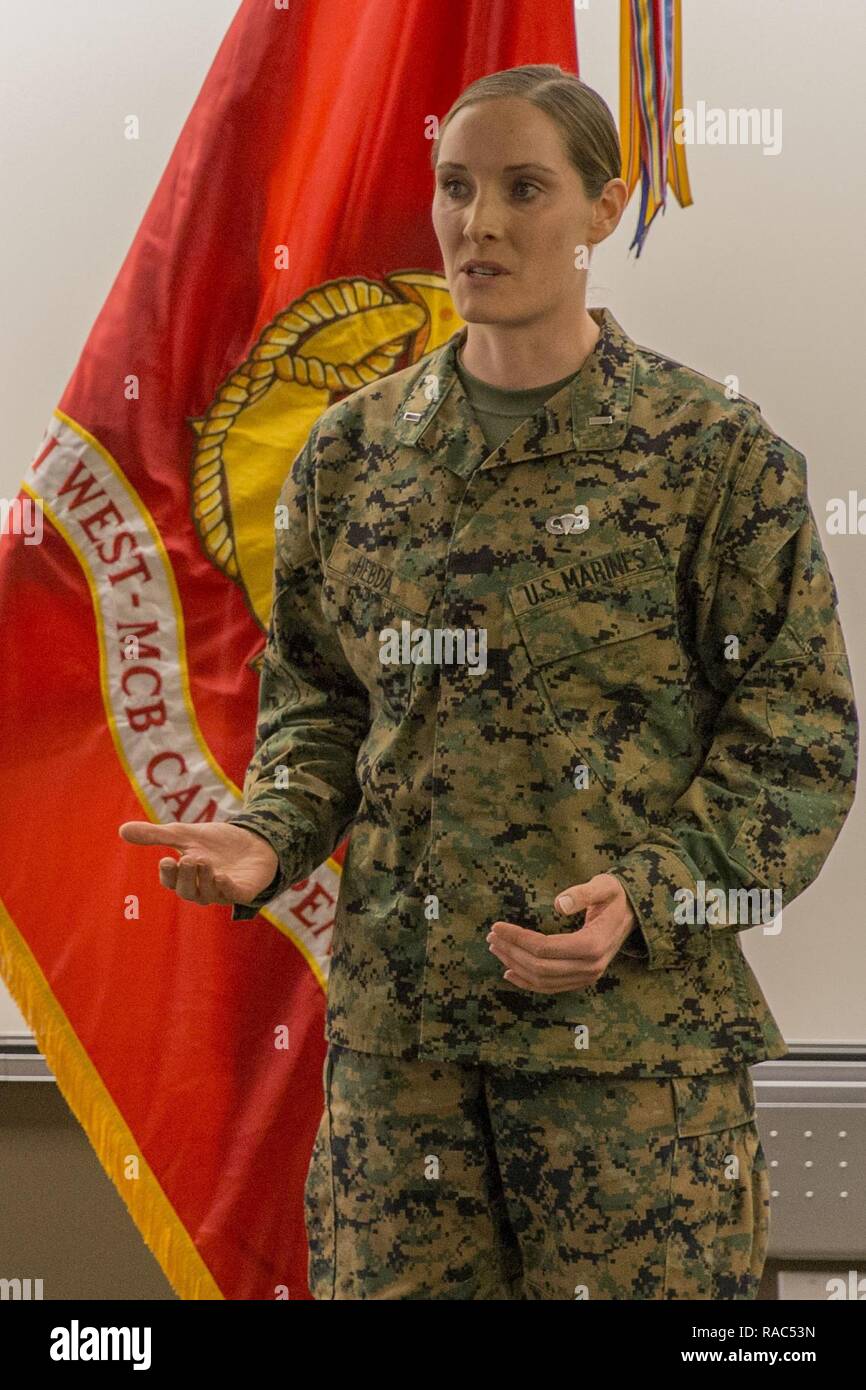 U.S. Marine Corps 1stLt. Mollie Hebda addresses the audience during the ...