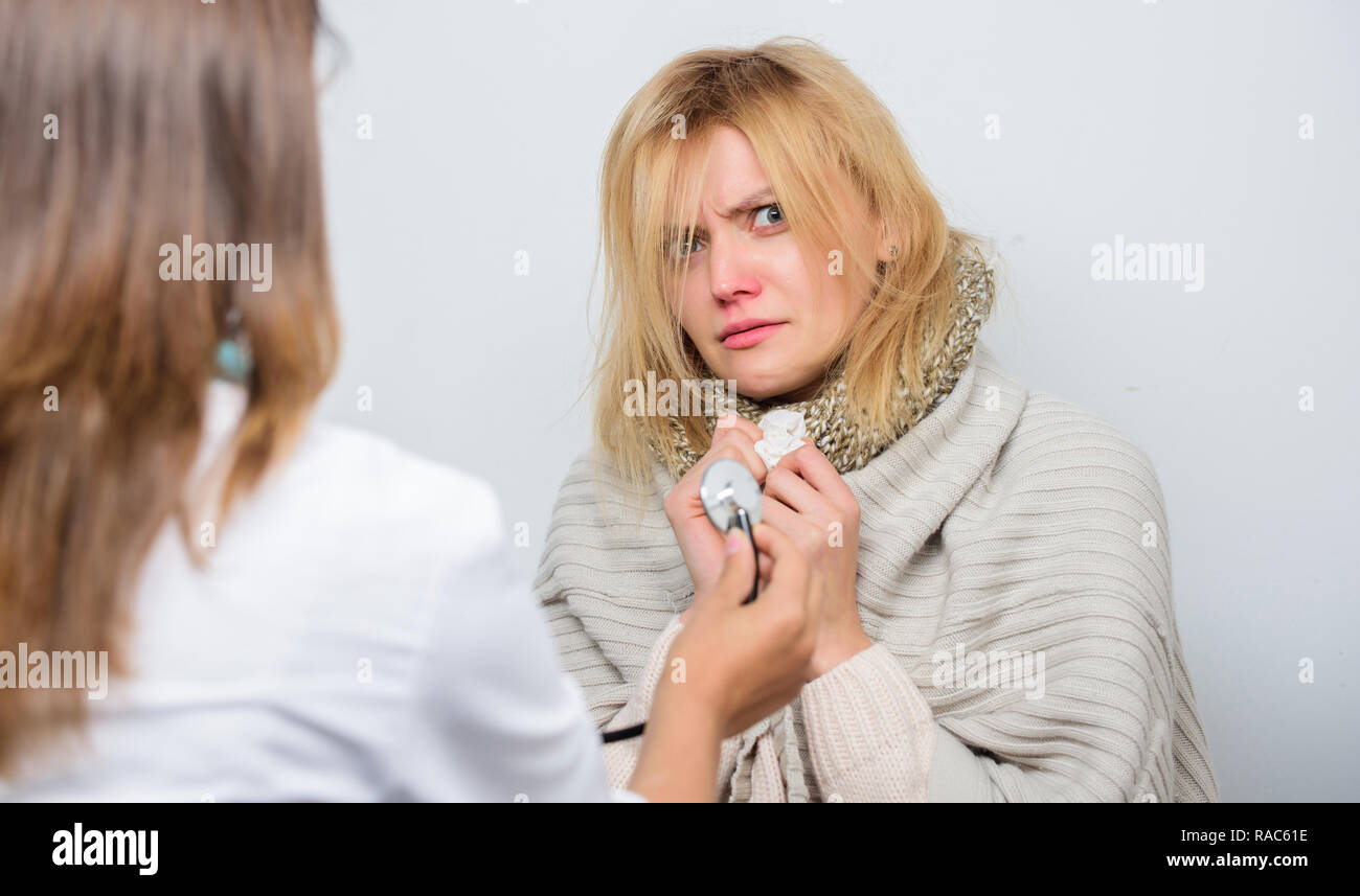 Doctor woman examine sick person. Recognize symptoms of cold. Home ...
