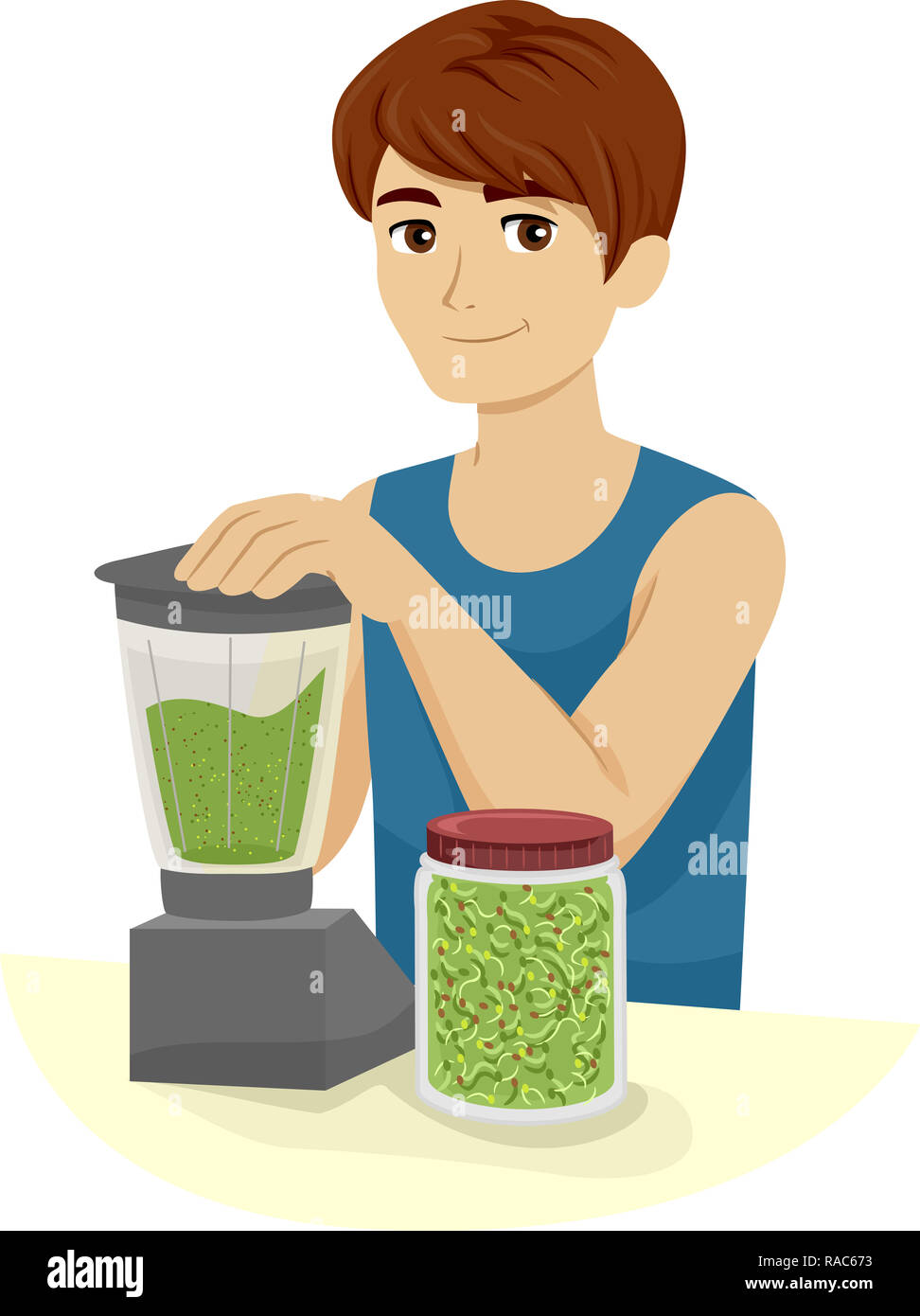 Illustration of a Teenage Guy Blending Broccoli Sprouts for a Smoothie ...