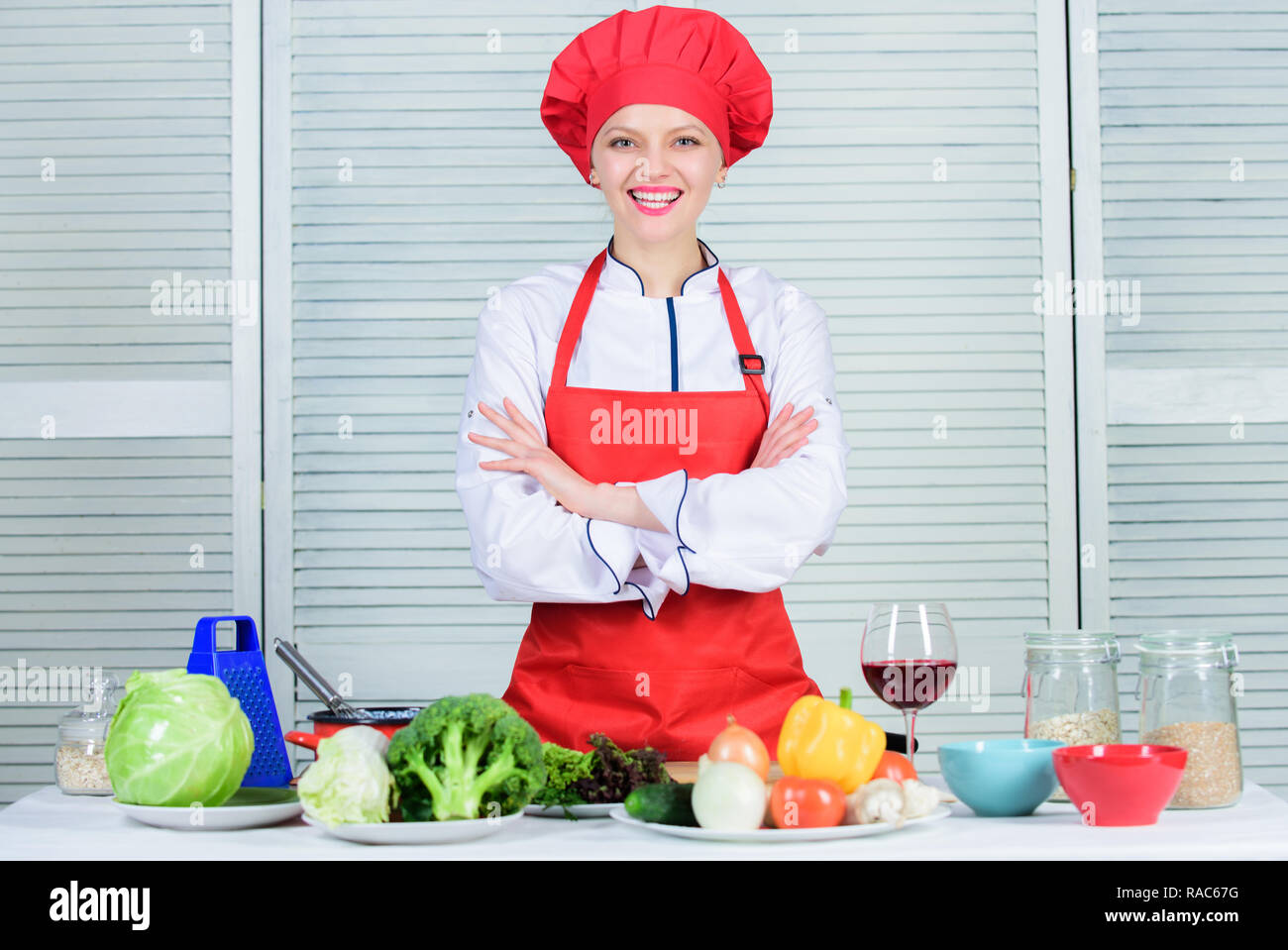 Welcome to my culinary show. Woman pretty chef wear hat and apron ...