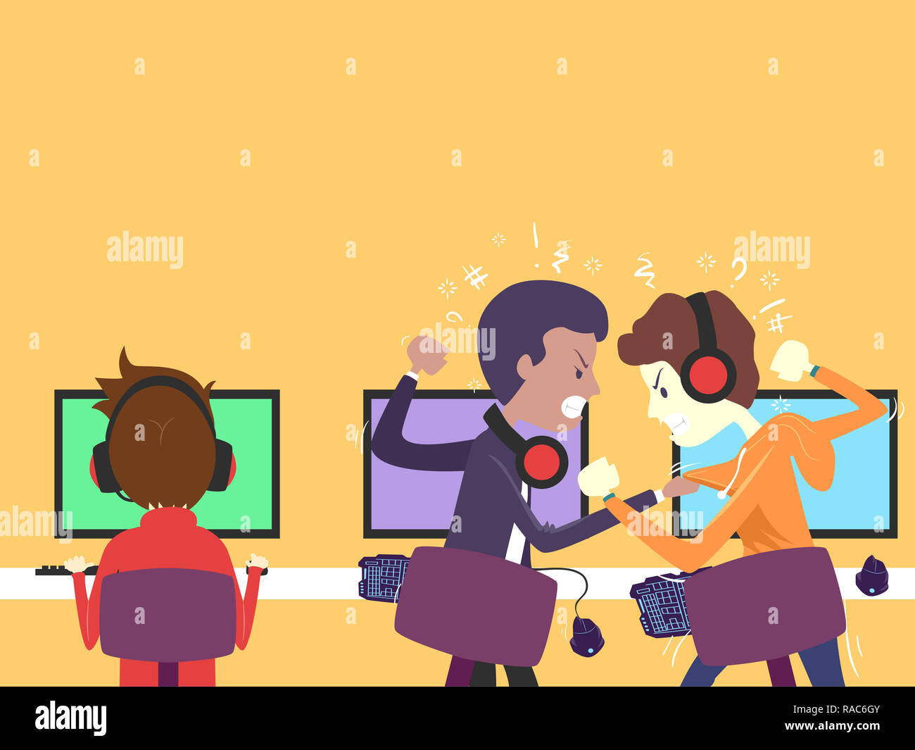 Illustration of Teenage Guys Fighting Inside an Online Video Game Room ...