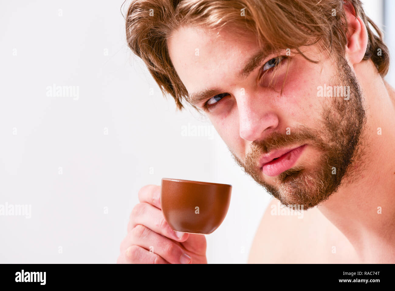 Best time to have your cup of coffee. Guy attractive appearance man ...
