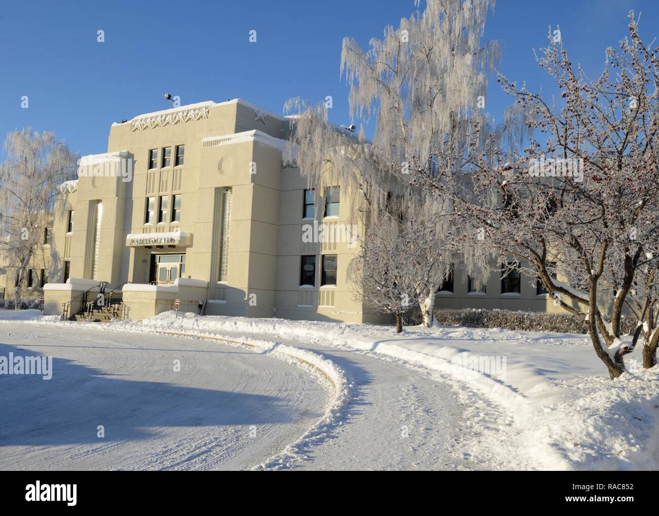 Snow covers the Alaska Command Building at Joint Base Elmendorf ...