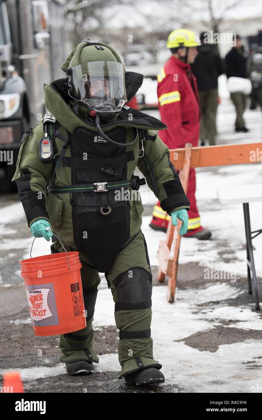 A member of the State of Vermont’s Bomb Squad moves simulated hazardous ...