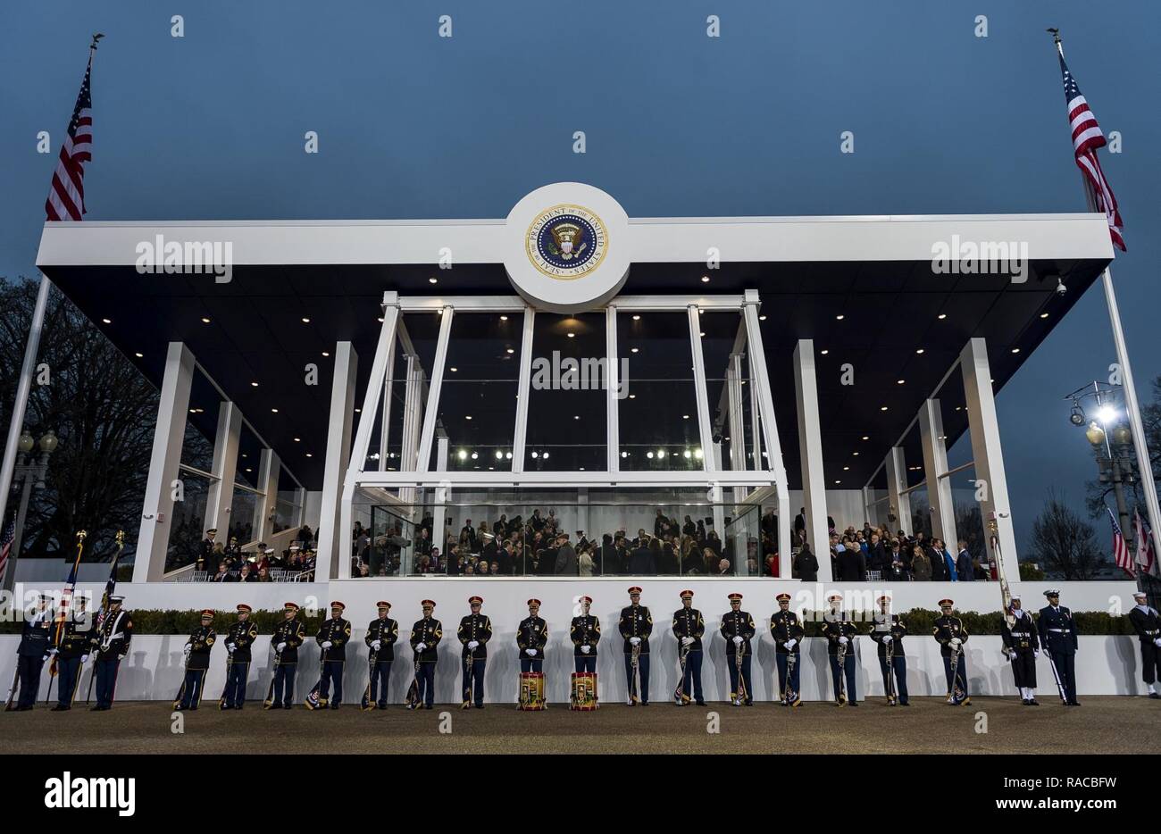 U.S. Army Band Soldiers line up in front of the presidential reviewing ...