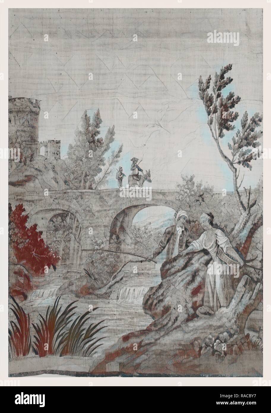 River landscape with fisherman courting a maid at edge of rive ...