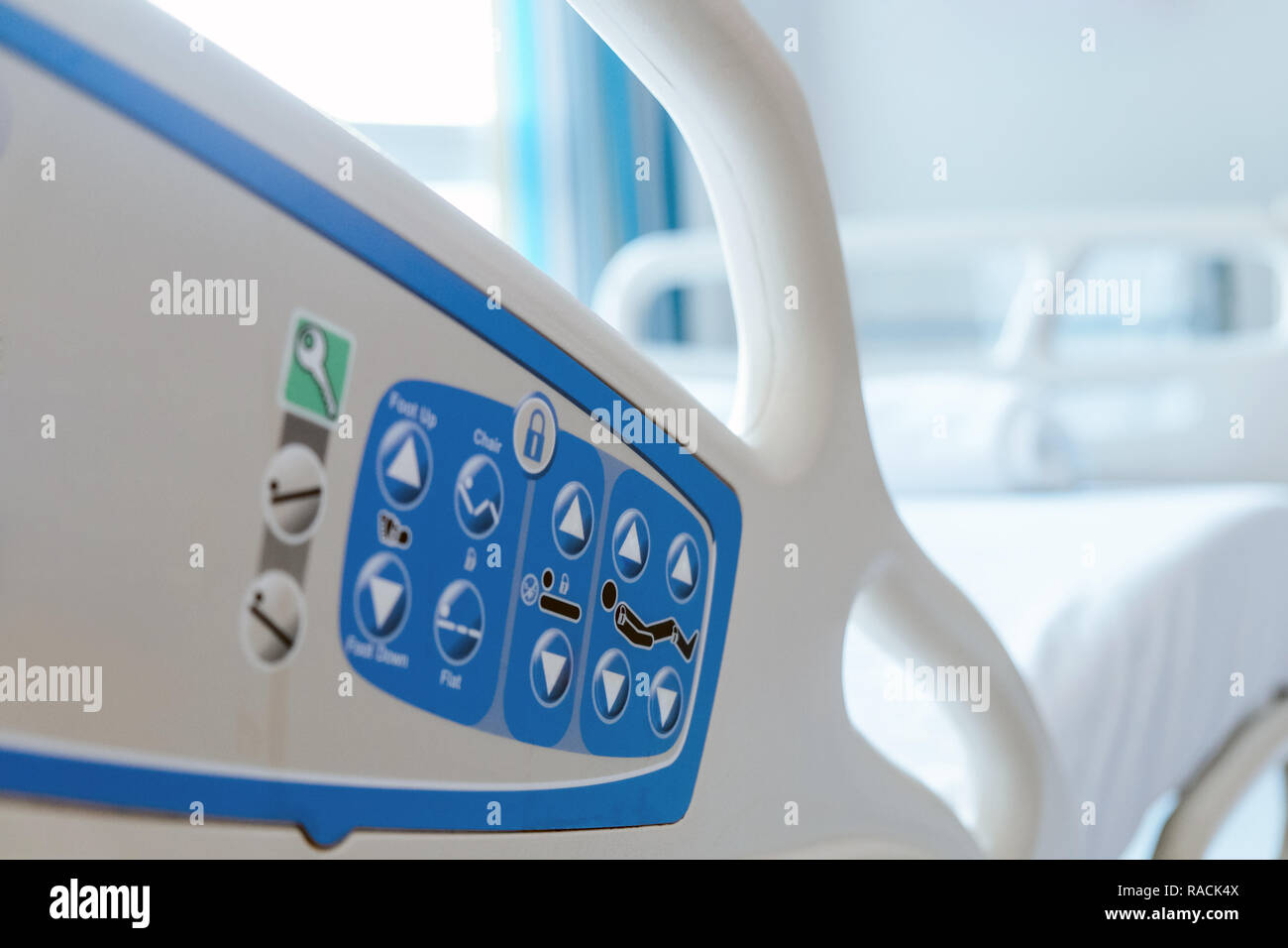 hospital bed. Detail of Electric Patient bed in the hospital room Stock ...