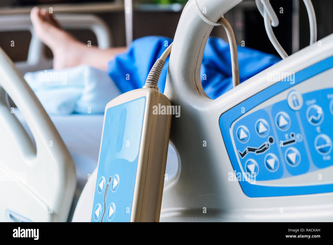 hospital bed. Detail of Electric Patient bed in the hospital room Stock ...