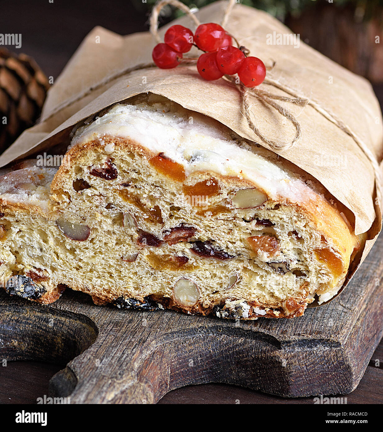 Traditional European Christmas pastry, fragrant home baked stollen ...